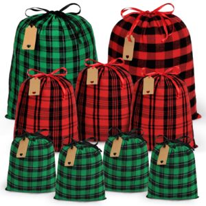 shintop fabric christmas gift bags drawstring, 9pcs reusable xmas sacks assorted sized buffalo plaid cloth pouches with gift tags holiday wrapping for xmas party presents(red, green)