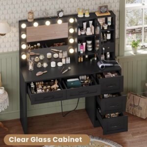 HAUOMS Farmhouse Vanity Desk with Mirror, 11 Hollywood LED Lights & Power Outlet, 43" Makeup Vanity Table with 5 Drawers, Cabinet & Shelves, 3 Color Modes, for Bedroom, Women, Black