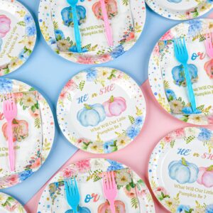 100 Pcs Little Pumpkin Baby Shower Plates and Napkins Fall Gender Reveal Tableware Autumn What will our little pumpkin be Pink or Blue Boy or Girl Baby Shower Birthday Party Decoration Supplies 25