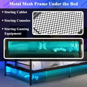 HRVEOCEI Full Size Gaming Bed with Led, Rotating TV Mount with Vented Console Storage & USB, Metal Smart Mesh Frame with Slats, Black