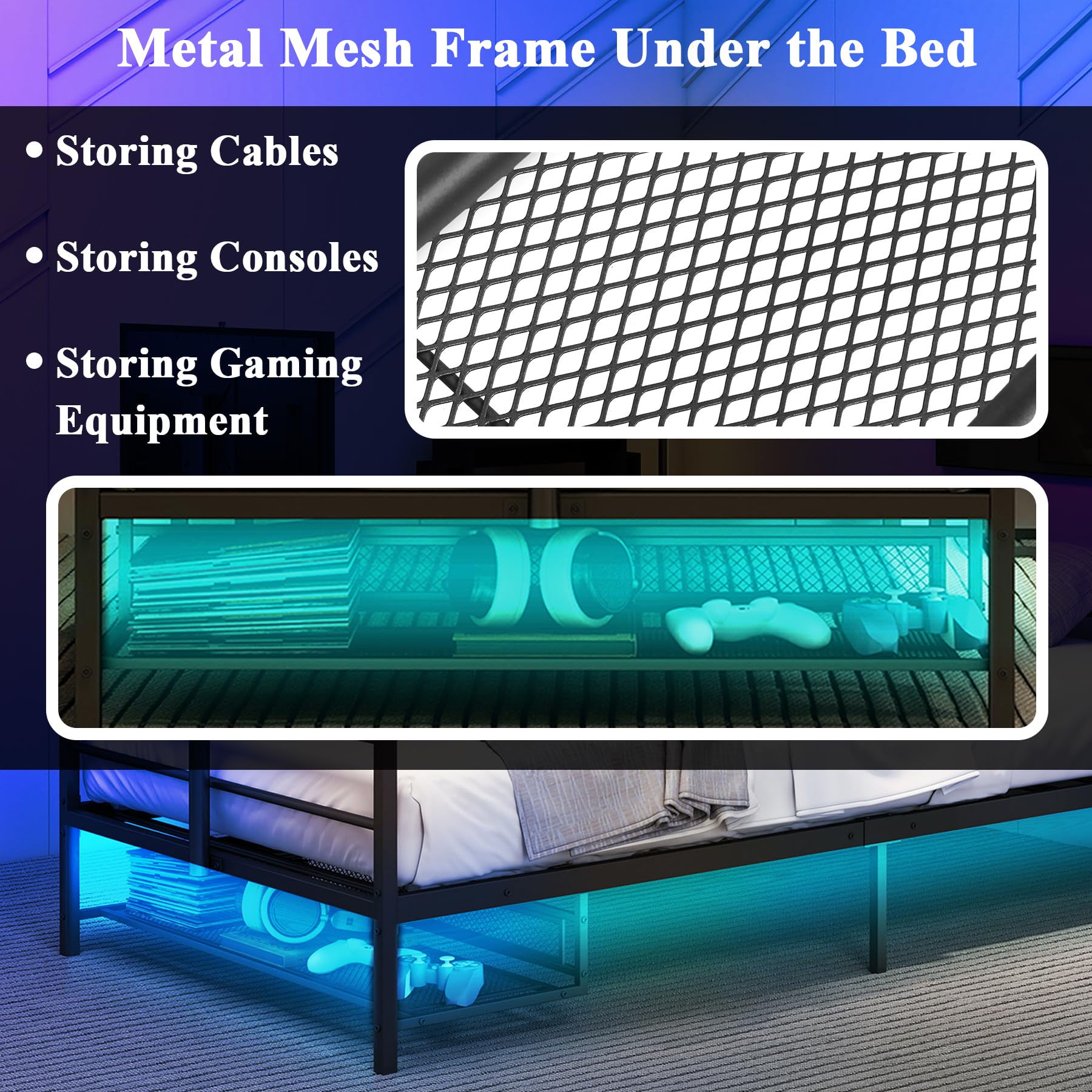 HRVEOCEI Full Size Gaming Bed with Led, Rotating TV Mount with Vented Console Storage & USB, Metal Smart Mesh Frame with Slats, Black