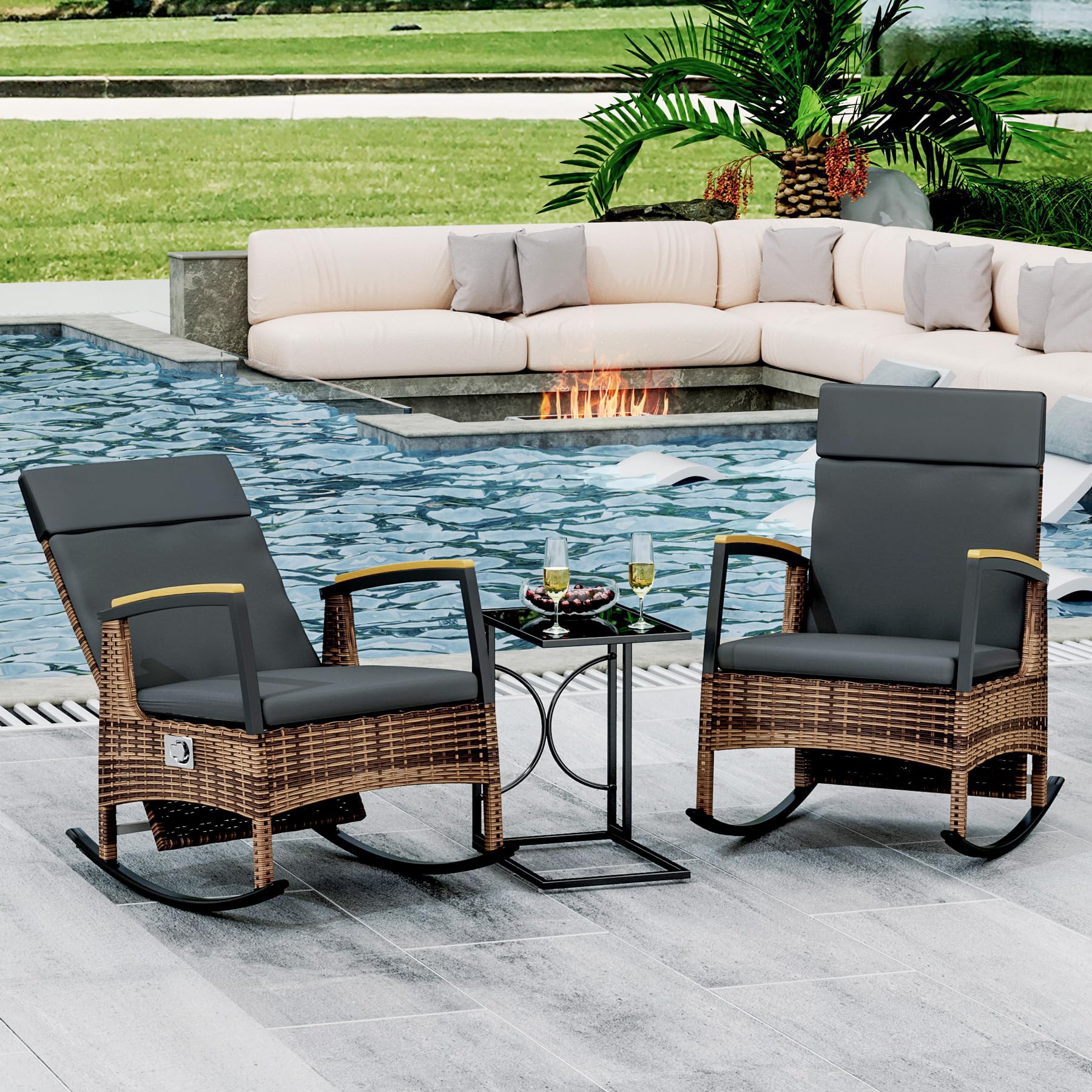 MAXXPRIME Outdoor Recliner Chairs, Adjustable Patio Recliner with C Shaped Glass Top Side Table, Wicker Reclining Lounge Chairs, Rocking Chairs with Removable Cushions for Pool,Deck(Dark Gray)