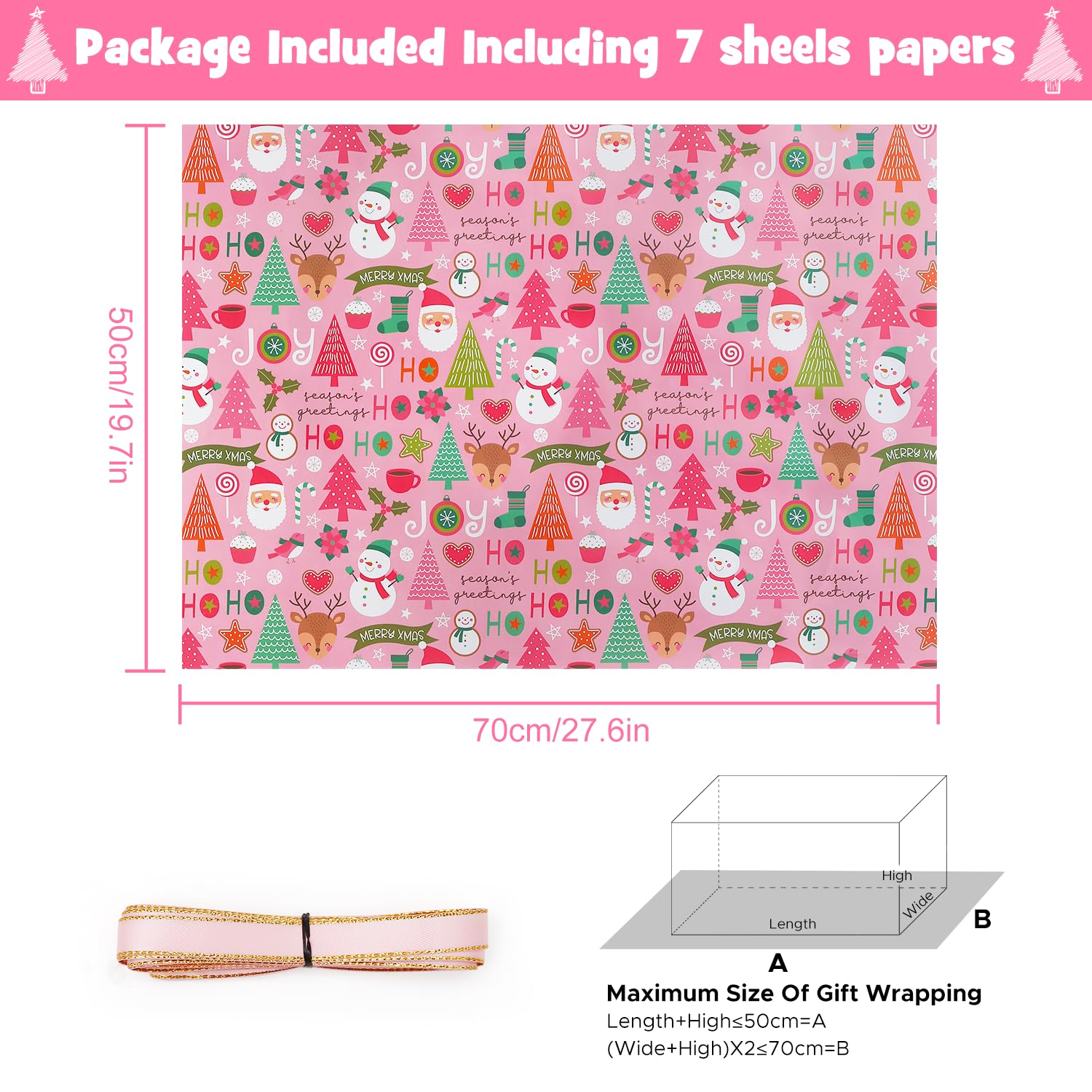 Pink Christmas Wrapping Paper, Baby Pink Merry Christmas Xmas Santa Snowman Wrapping Paper with Pink Ribbon 7 Folded Sheets 28x20 Inches Santa Wrap Paper for Kids Girls Women Christmas Holidays