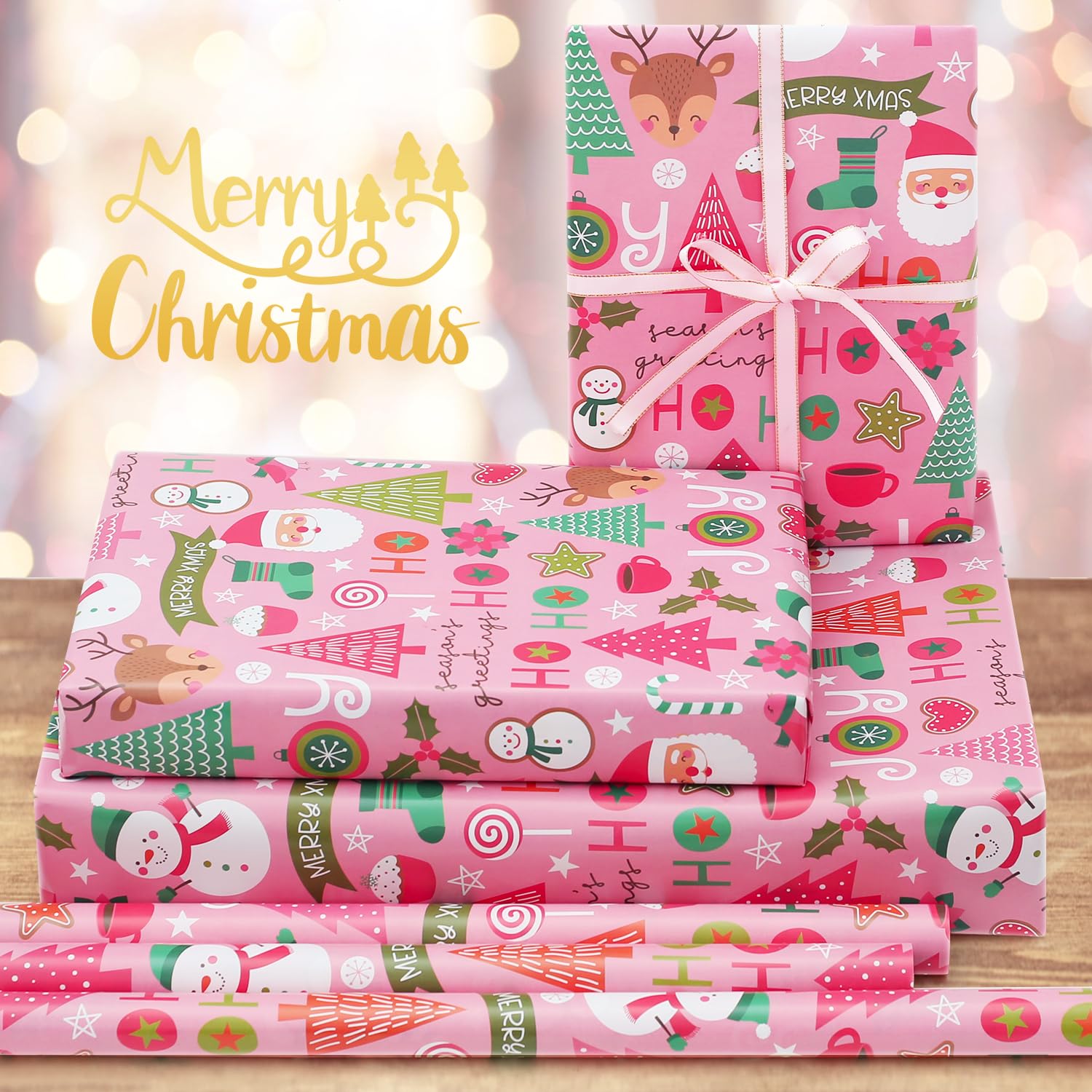 Pink Christmas Wrapping Paper, Baby Pink Merry Christmas Xmas Santa Snowman Wrapping Paper with Pink Ribbon 7 Folded Sheets 28x20 Inches Santa Wrap Paper for Kids Girls Women Christmas Holidays