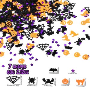 Halloween Confetti for Table, 60g Scatter Confetti Orange Pumpkin Cats Black Spiders Webs Bats Witchs Purple Stars Glitter Confetti for Trick or Treat Party Halloween Party Decorations Supplies