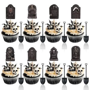 48 pcs halloween cupcake toppers - tombstones graveyard cake topper, halloween cake decorations with mini shovel spoons, 8 designs halloween cupcake picks for kids birthday halloween party decorations