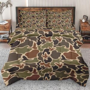 sumianyh 7pcs comforter set queen size, duck hunter green camouflage hunting, bedroom decor black brown camo army colorful bedding for kids and adults with bed flat fitted sheet pillowcases