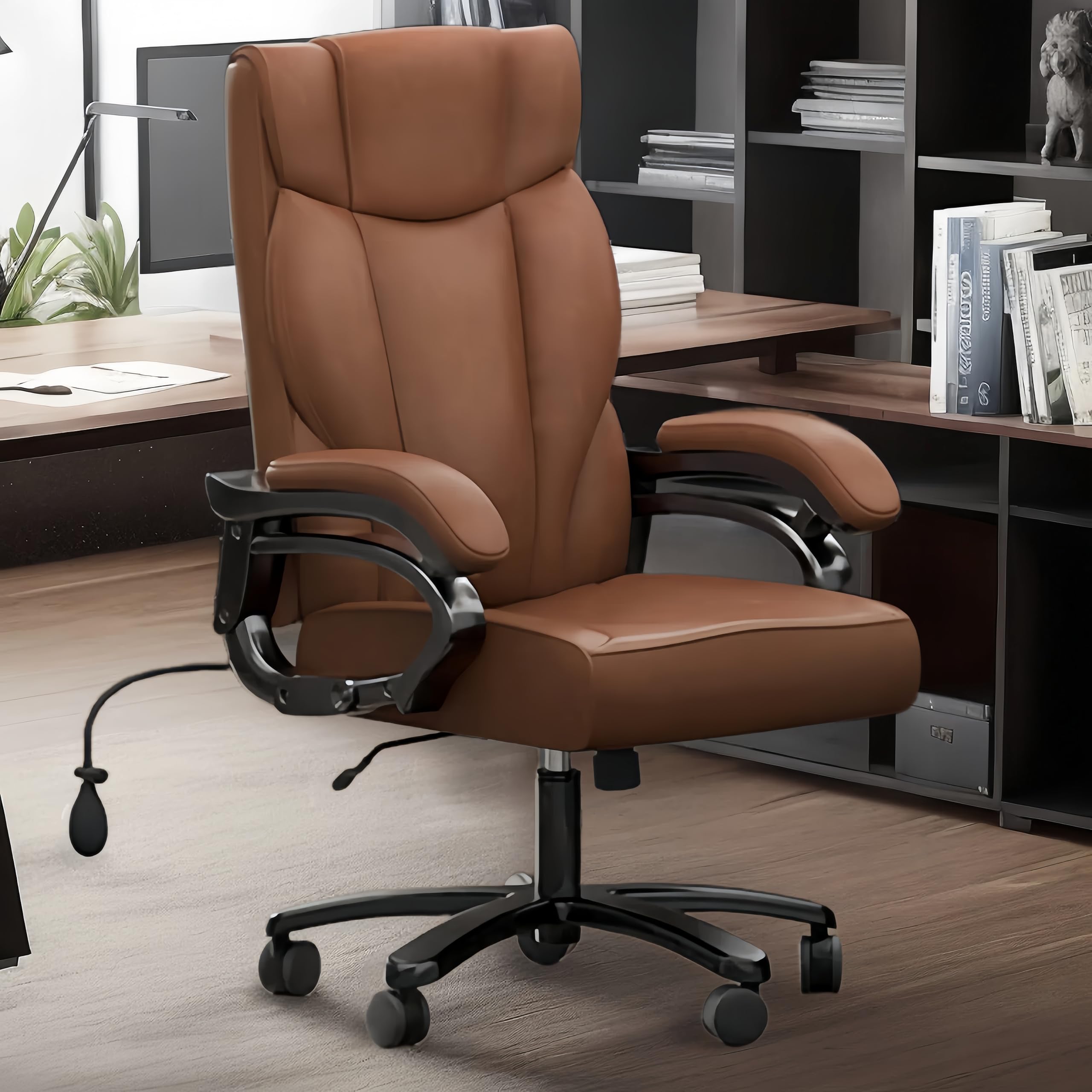 TAKSCO 500LBS Big and Tall Office Chair, Heavy Duty Leather Executive Office Computer Desk Chair with Wheels and Arms, Comfy X Wide Ergonomic High Back Office Desk Chair with Lumbar Support, Brown