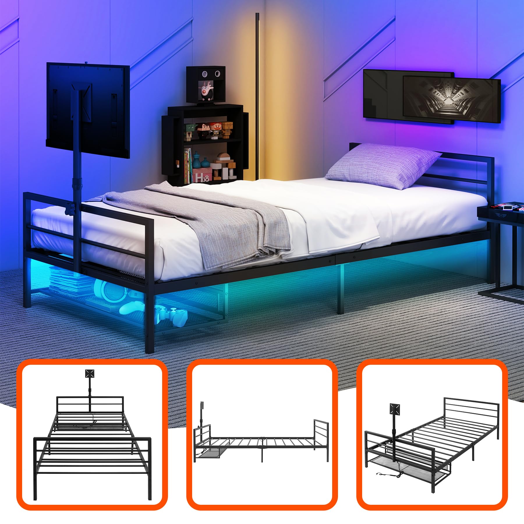 HRVEOCEI Full Size Gaming Bed with Led, Rotating TV Mount with Vented Console Storage & USB, Metal Smart Mesh Frame with Slats, Black