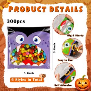 Cholemy 300 Pieces Halloween Treat Bags Self Adhesive Trick or Treat Candy Bags Bulk Witch Bat Clear Plastic Cellophane Bags for Happy Halloween Party Favors Cookies Goodies Wrapping (Funny)