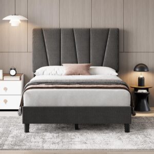 idealhouse twin bed frame with headboard,linen upholstered platform bed with adjustable diagonal channel tufted headboard, mattress foundation with strong wooden slats, box spring optional, grey