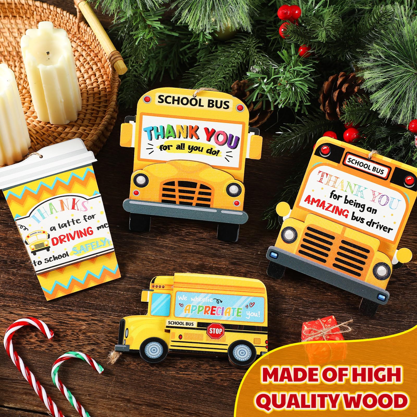 Dunzoom 10 Pcs Wooden Christmas Gift Card Sleeves School Bus Driver Appreciation Gift Card Holders Latte Coffee Thank You Gifts for School Bus Driver Supplies (Gift Card Not Included)