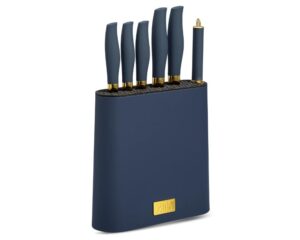 generic beautiful 7-piece slim block knife set with gold blades and blue block