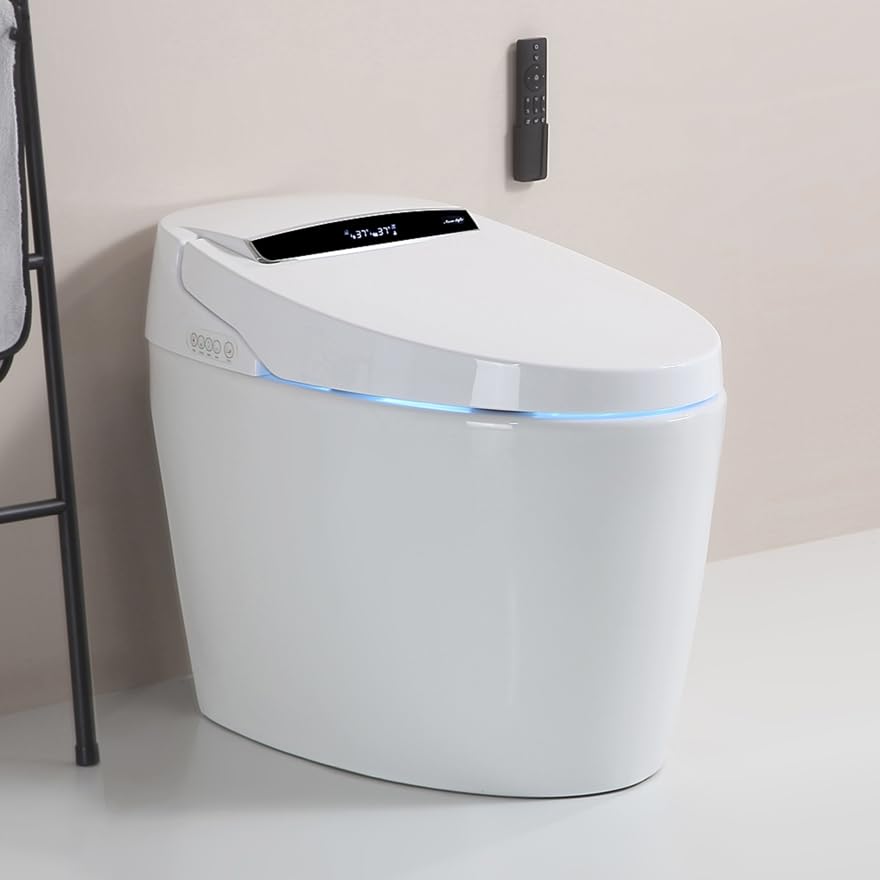 Smart Bidet Toilet with Heated Seat, Dual Flush, Warm Water and Dryer, Portable, Silver