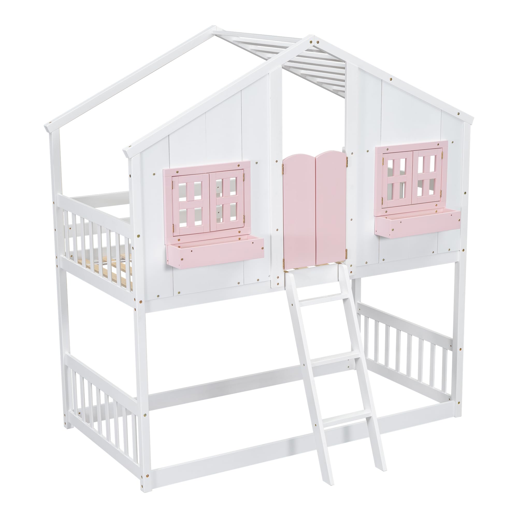 Tdewlye House Bunk Bed Twin Over Twin Kids Bunk Bed Wood Frame with Roof, Window, Window Box, Door, Safety Guardrails and Ladder for Girls Boys Child Teens (Pink+White-@14)