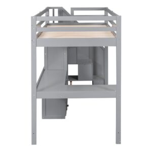 Harper & Bright Designs Twin Size Loft Bed with Stairs and L-Shaped Desk, Wood Twin Loft Bed with Storage Drawers and Cabinet, Loft Bed Twin with Guardrails for Kids Girls Boys, Grey