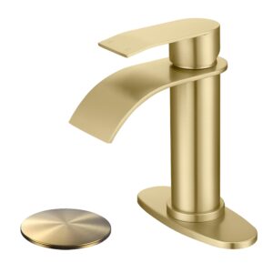 sloumki brushed gold waterfall bathroom faucet single hole, gold bathroom faucet for sink 1 hole with 6 in deck plate and pop up drain and supply hose, modern bathroom sink faucet