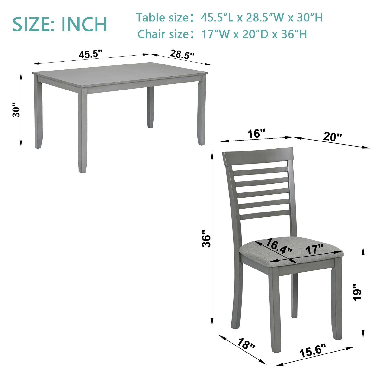 RuiSiSi Modern Dining Table Set for 4, Rectangular Dining Table with 4 Upholstered Chairs, 5 Piece Dining Table Set for Dining Room Kitchen Living Room, Wood Dining Room Table Set for 4, Gray