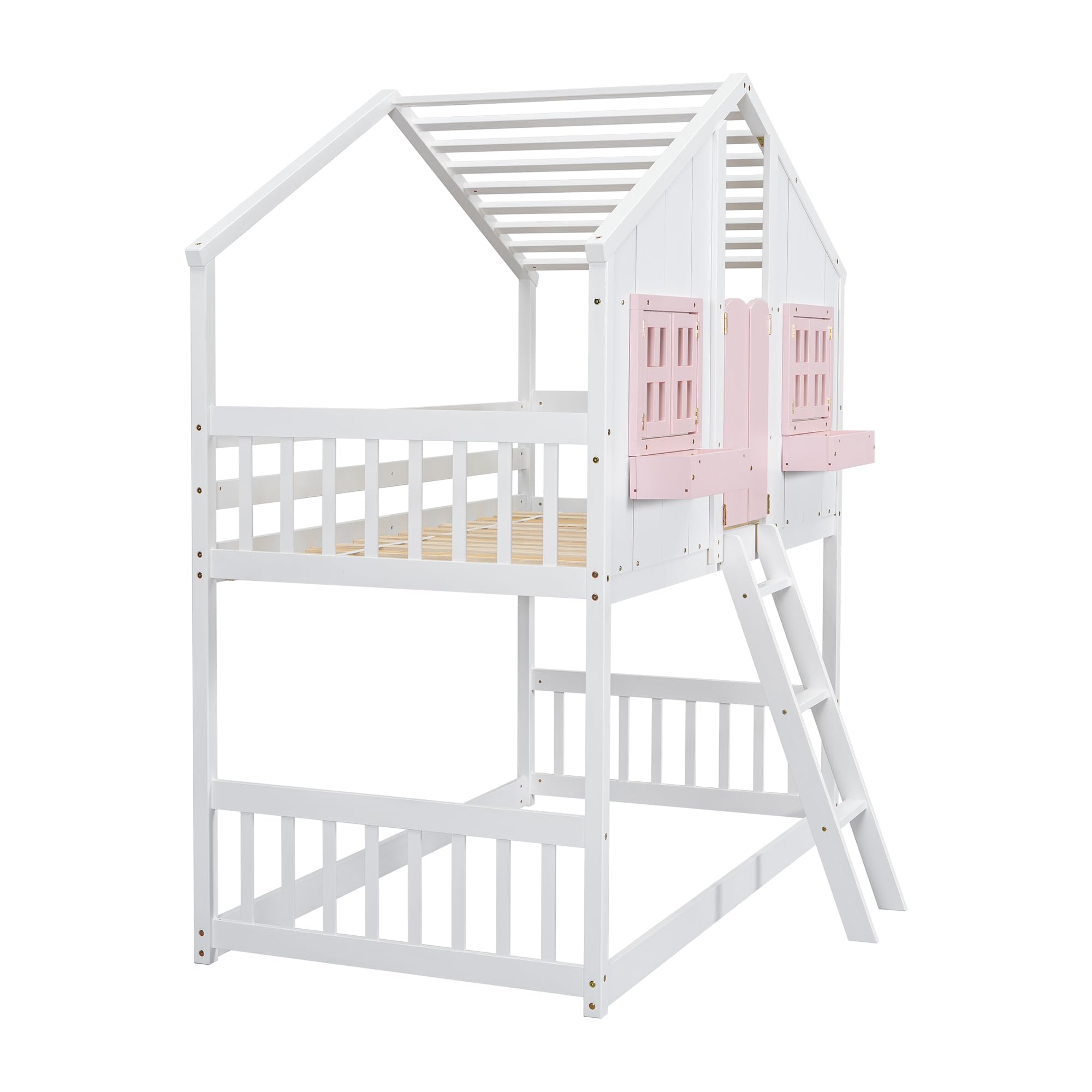 Tdewlye House Bunk Bed Twin Over Twin Kids Bunk Bed Wood Frame with Roof, Window, Window Box, Door, Safety Guardrails and Ladder for Girls Boys Child Teens (Pink+White-@14)