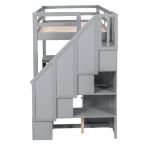 Harper & Bright Designs Twin Size Loft Bed with Stairs and L-Shaped Desk, Wood Twin Loft Bed with Storage Drawers and Cabinet, Loft Bed Twin with Guardrails for Kids Girls Boys, Grey