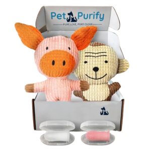 pet purify dog toy, interactive and chewable, ideal for small and medium breeds. dental cleaning toy keeps your pet busy. plush toys. squeaky toy. 2 soft bristle dog toothbrushes. (monkey and pig)