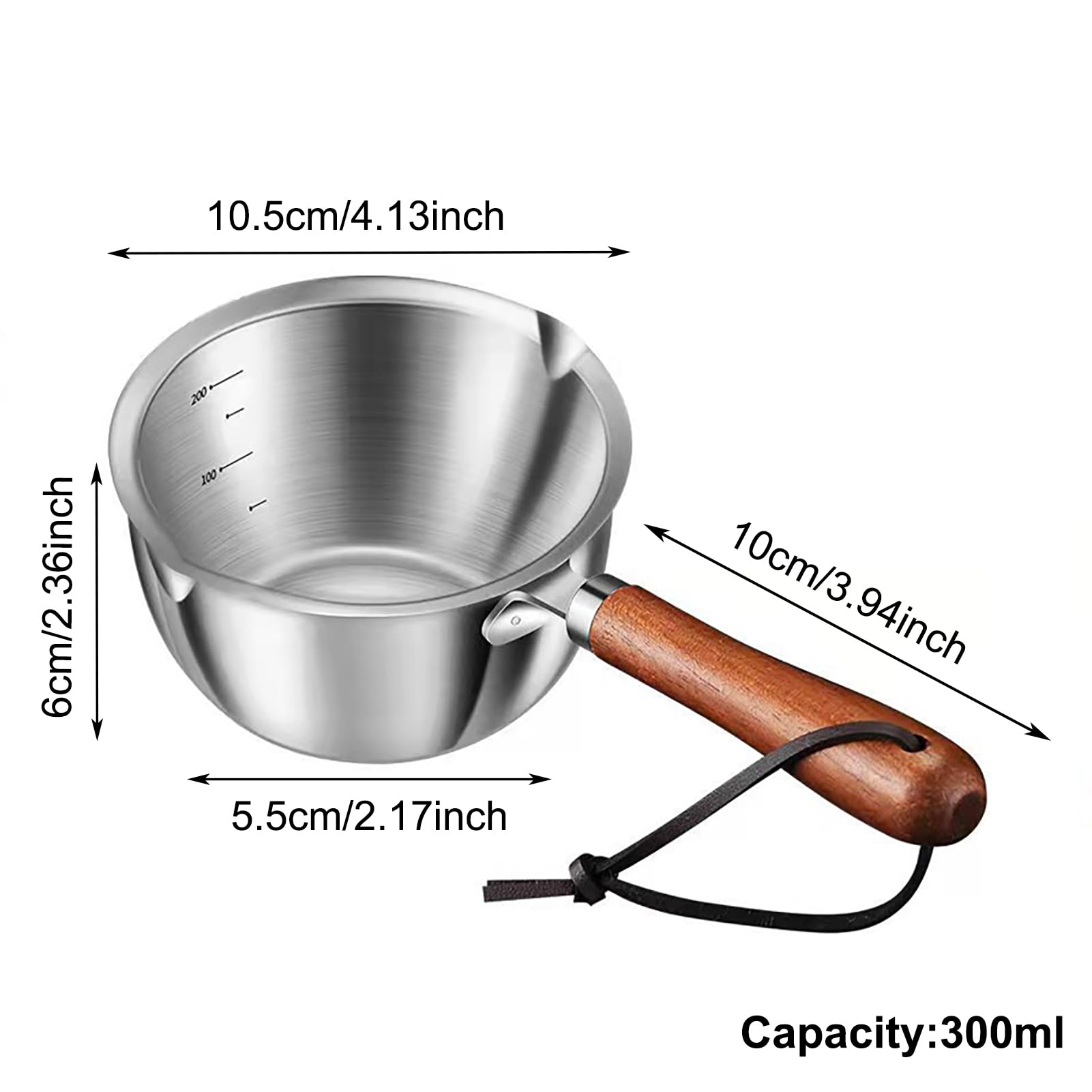 LIFTATAPA Butter Warmer Pot, Stainless Steel Milk Warmer with Wooden Handle for Seafood, Mini Butter Melting Pot Small Saucepan with Dual Pour Spouts for Stove Top Cooking(300ml)