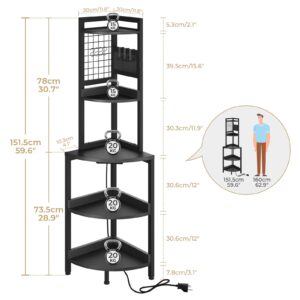 Dripex 60 inch Tall Corner Shelf with Power Outlets & Strip Lights, 5 Tier Corner Bookshelf Freestanding Industrial Corner Ladder Shelves Plant Stand