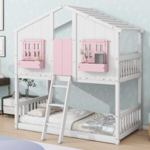 tdewlye house bunk bed twin over twin kids bunk bed wood frame with roof, window, window box, door, safety guardrails and ladder for girls boys child teens (pink+white-@14)