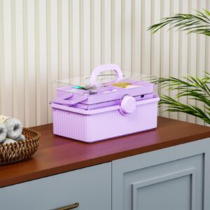 SuoXing 13'' Three-Layer Clear Plastic Storage Box/Tool Box, Multipurpose Organizer and Portable Handled Storage Case for Art Craft and Cosmetic (Purple)