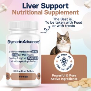 SilymarinAdvanced Liver Health Supplement for Cats - Milk Thistle for Cats Liver Support with S-Adenosylmethionine (Same) & Silybin - Liver Detox for Cats - 30 Tablets