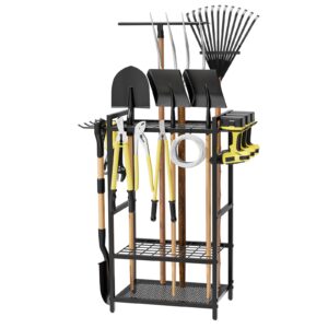 homsorout garden garage tool organizer - yard tool organizer for garage with 4 hooks, heavy duty steel garden tool rack holds up to 48 long handled yard tools for storage