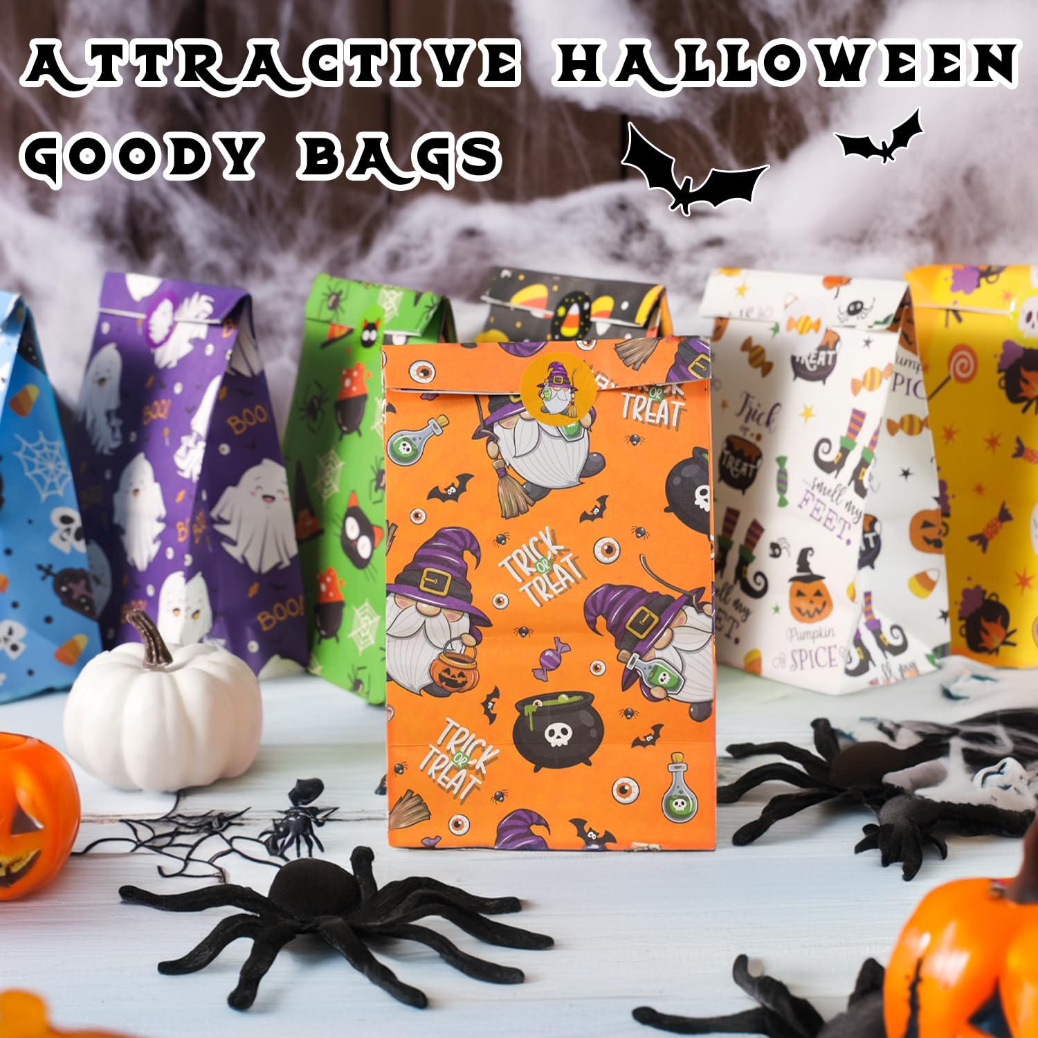 Elunpoe 32pcs Halloween Treat Bags Goodie Bags, Candy Bags for Trick or Treat, Perfect Halloween Party Favor Paper Bags for Snacks, Gift Bags, and Party Supplies