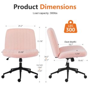 Pink Criss Cross Chair with Wheels, Vanity Desk Chair with Back, Ergonomic Armless Cross Legged Chair with Adjustable High for Vanity Home Office Makeup Room, Teddy Fabric, Comfy Cushion (Pink)