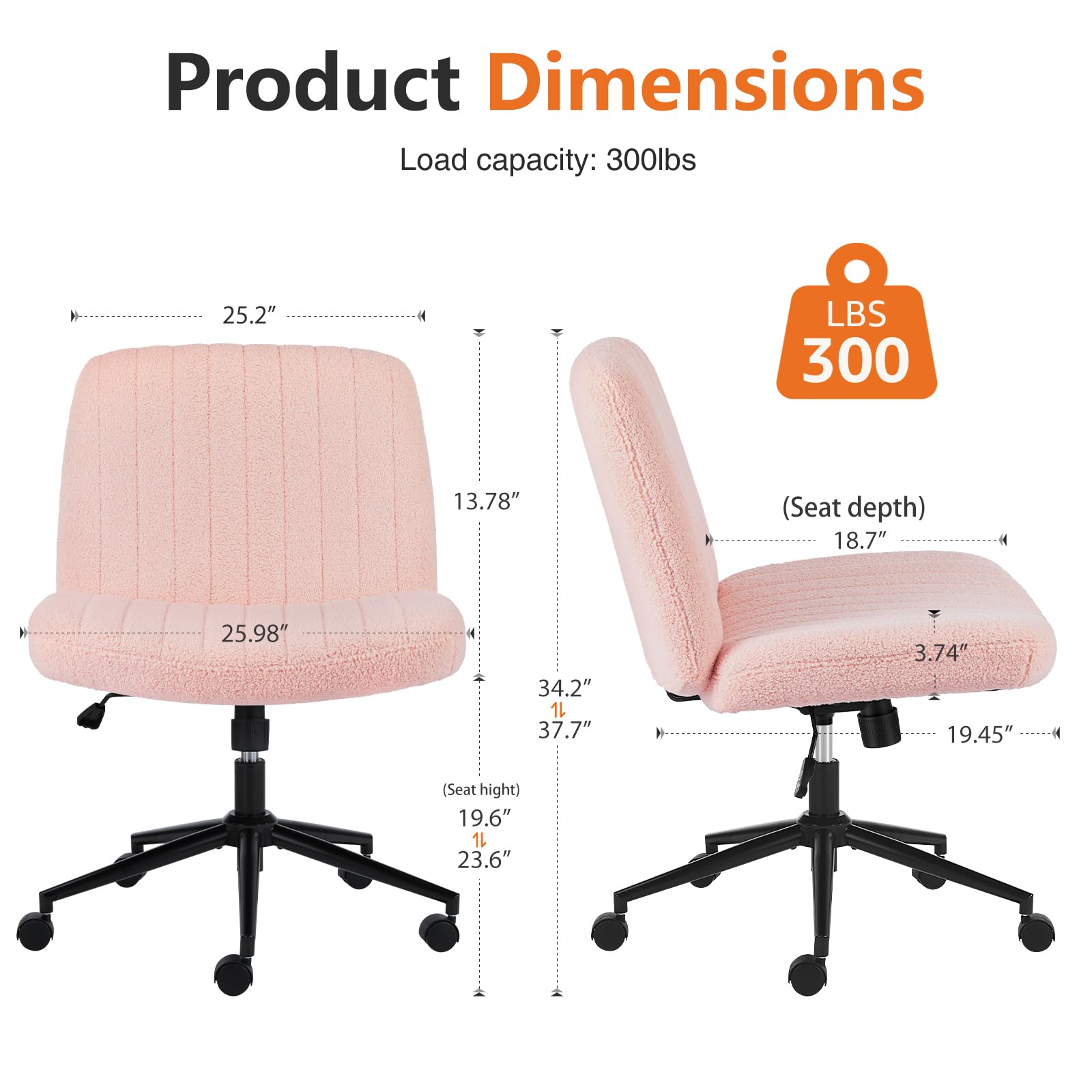 Pink Criss Cross Chair with Wheels, Vanity Desk Chair with Back, Ergonomic Armless Cross Legged Chair with Adjustable High for Vanity Home Office Makeup Room, Teddy Fabric, Comfy Cushion (Pink)