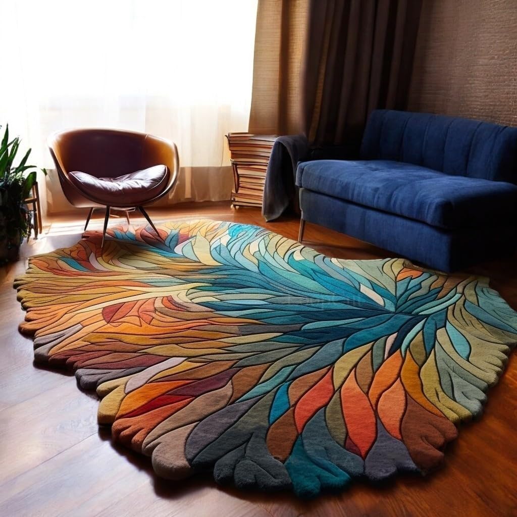 Handmade Irregular Shape Wool Area Rug | Unique Contemporary Botanical Design, Thick & Soft Carpet | Perfect for Living Room, Bedroom Decor (4 x 6 FT)