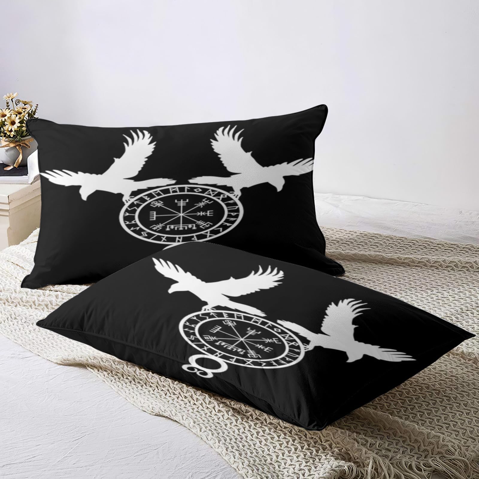 Denorn Bedding Sheet Bed Sets- Viking Norse Mythology Rune Odin Ravens wicca Soft 3-Pieces Duvet Cover Set 1 Comforter Cover & 2 Pillowcases Queen(90"×90")