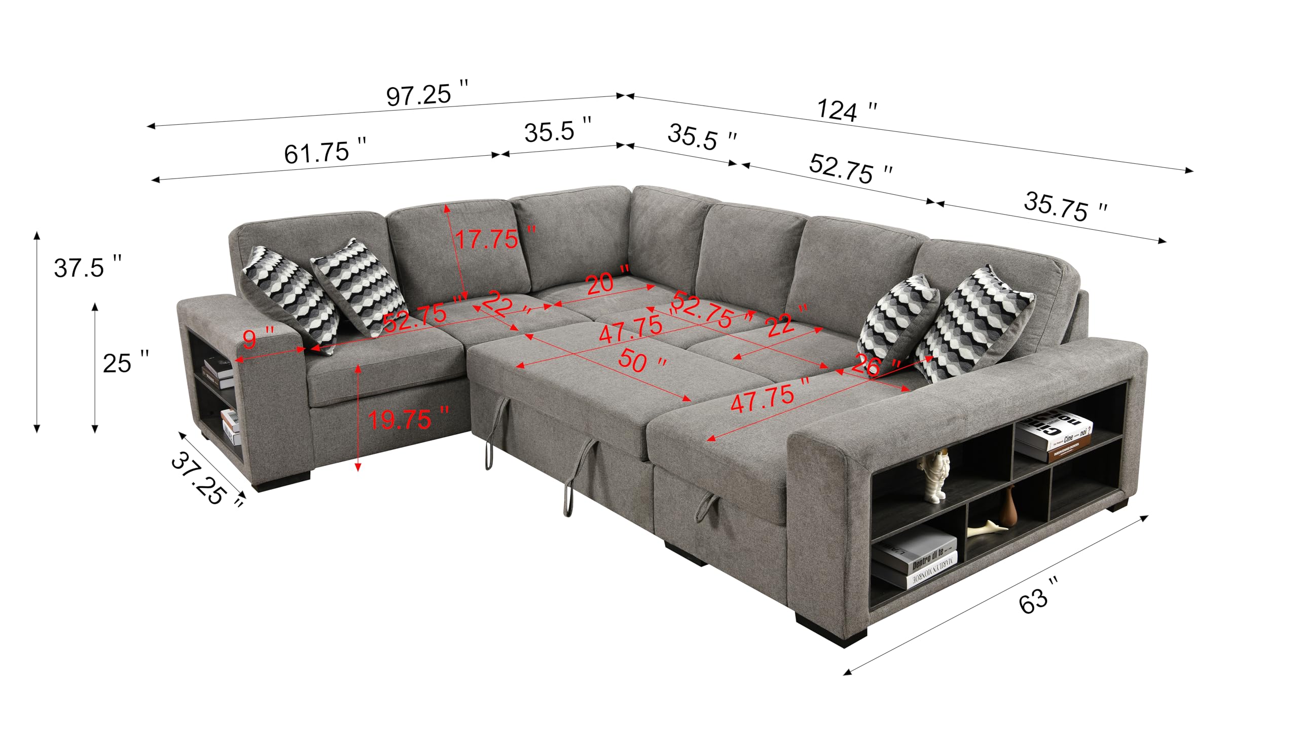 RENDGO 125'' U Shaped Oversized Sectional Sofa Couch with Cabinet,7 Seat Sectional Sleeper Sofa Bed with Storage Chaise, Pull Out Bed for Living Room,Grey