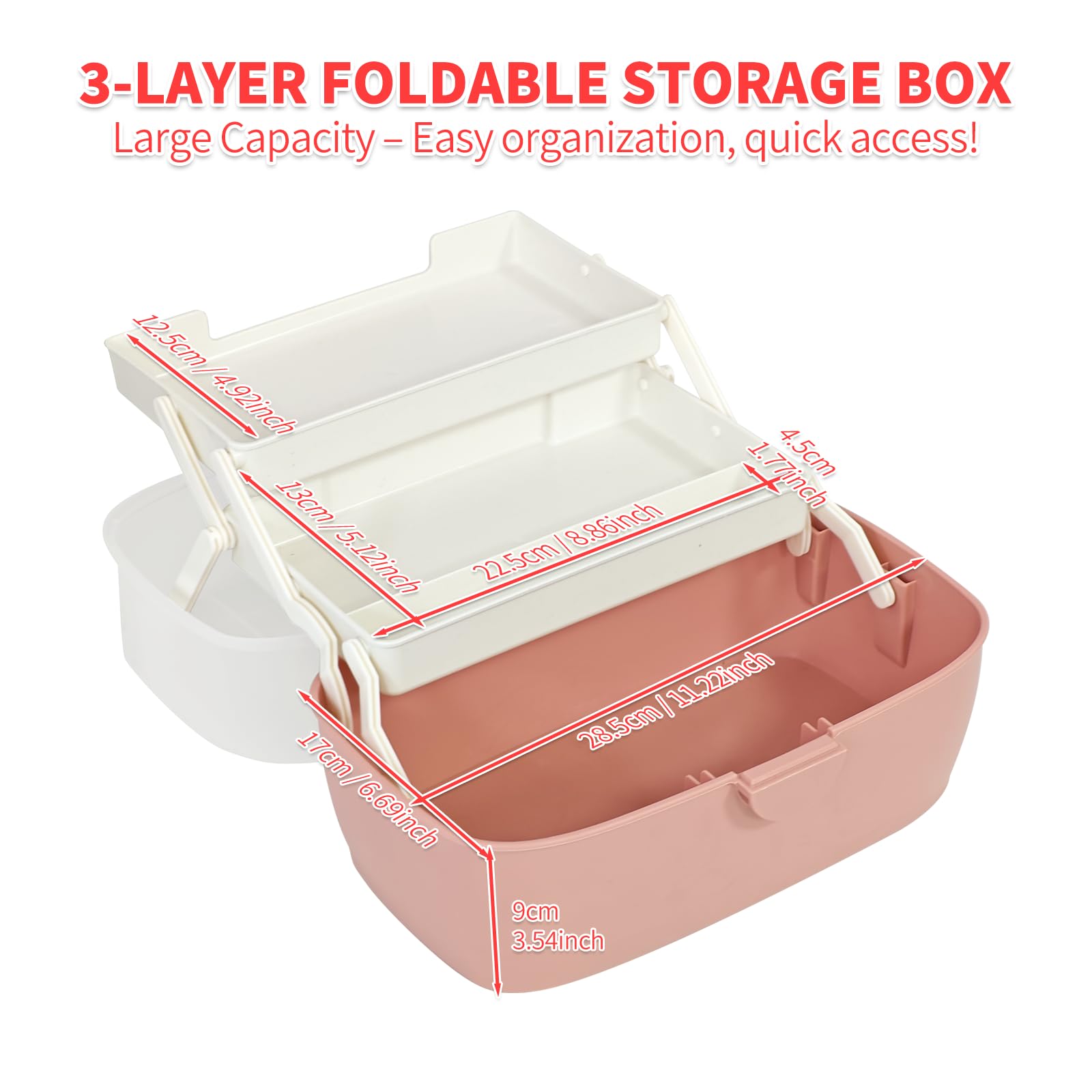 3-Layer Multipurpose Storage Box Organizer Folding Tool Box/Art & Crafts Case/Sewing Supplies Organizer/Medicine Box/Family First Aid Box with 2 Trays (Pink)