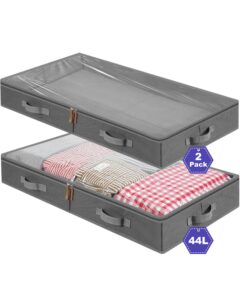 neatjelai 2-pack under bed storage containers,4.7 inches low profile underbed storage organizer bin foldable with sturdy sidewalls/bottom/4 handles for clothes blanket pillows shoes,gray