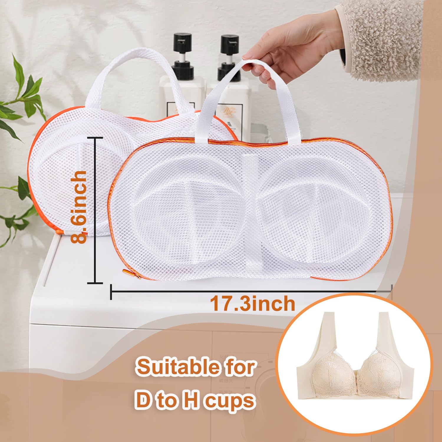 3Pcs Bra Washing Bag for Laundry, Upgraded Large 3D Bracket Mesh Bra Laundry Bags Bra Washer Protector for Laundry Delicates Lingerie Brassiere Wash Bags for Washing Machine (Orange, D to H Cups)