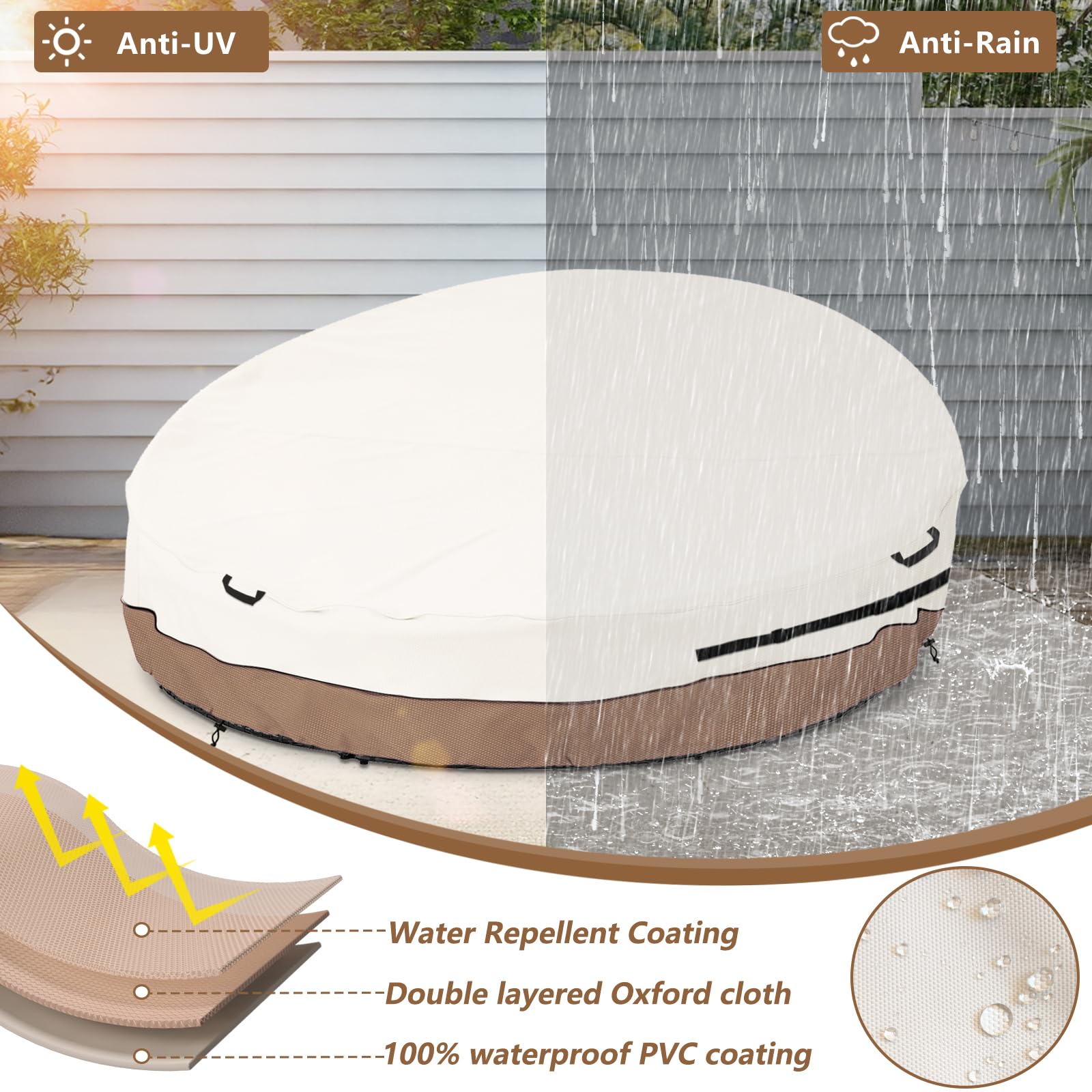 Krismile Outdoor Daybed Cover,Heavy Duty Waterproof Anti-UV Round Daybed Cover Adapt to 75" Dia x 35"/16”H Patio Canopy Sofa(Beige & Brown)