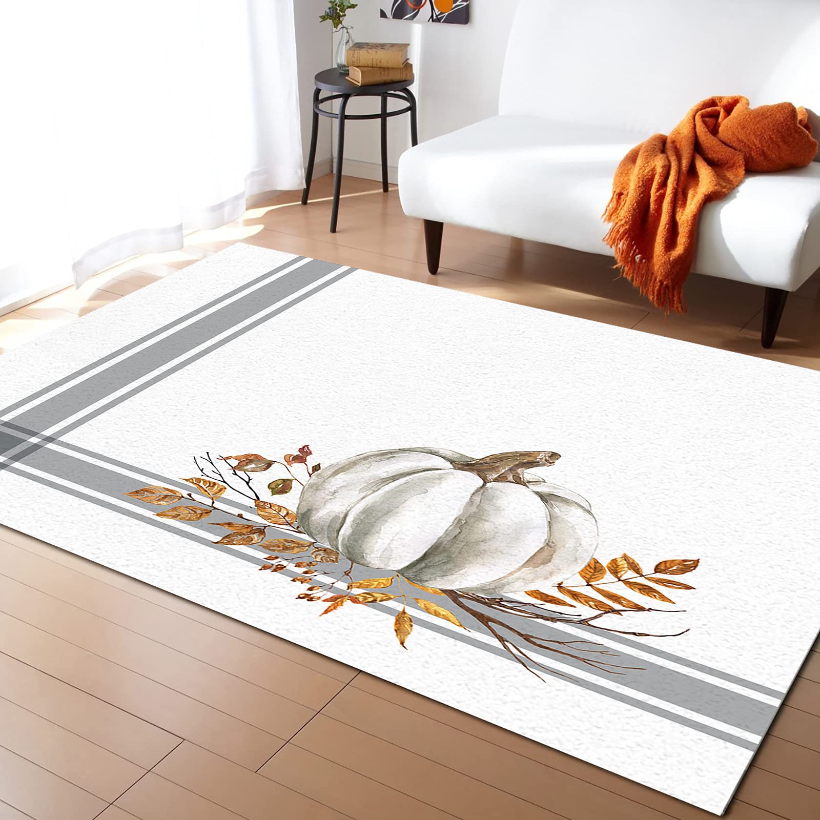 Area Rugs for Living Room, 2'7''x5' Thanksgiving Autumn White Pumpkins Maple Branch Gray Stripes Runner Washable Rug Soft Durable Indoor Carpet Non Slip Floor Mat for Bedroom Dining Room Entryway