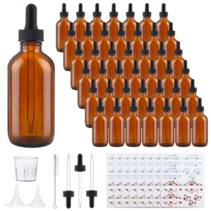 comrzor 42 pack 4oz amber glass bottles with glass eye droppers for essential oils, perfumes & lab chemicals (brush, funnels, 3 extra droppers, 48 pieces labels & 30ml measuring cup included)