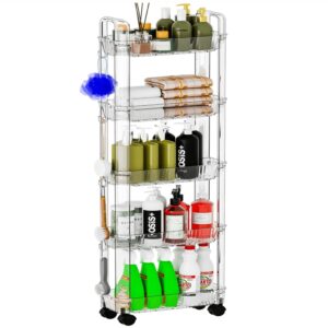 5 tier slim storage cart with wheels,clear thin bathroom standing shelf,narrow bathroom caddy on wheels space savers organizers,skinny laundry organizer for detergent