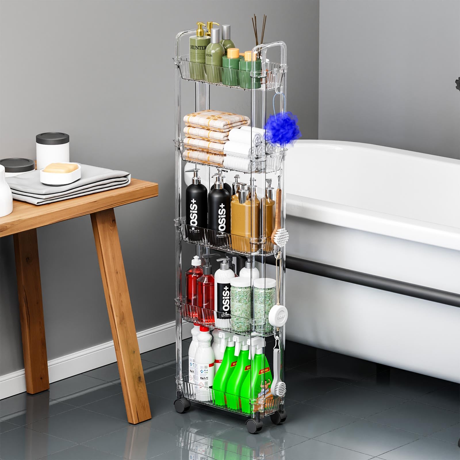 5 Tier Slim Storage Cart with Wheels,Clear Thin Bathroom Standing Shelf,Narrow Bathroom Caddy on Wheels Space Savers Organizers,Skinny Laundry Organizer for Detergent