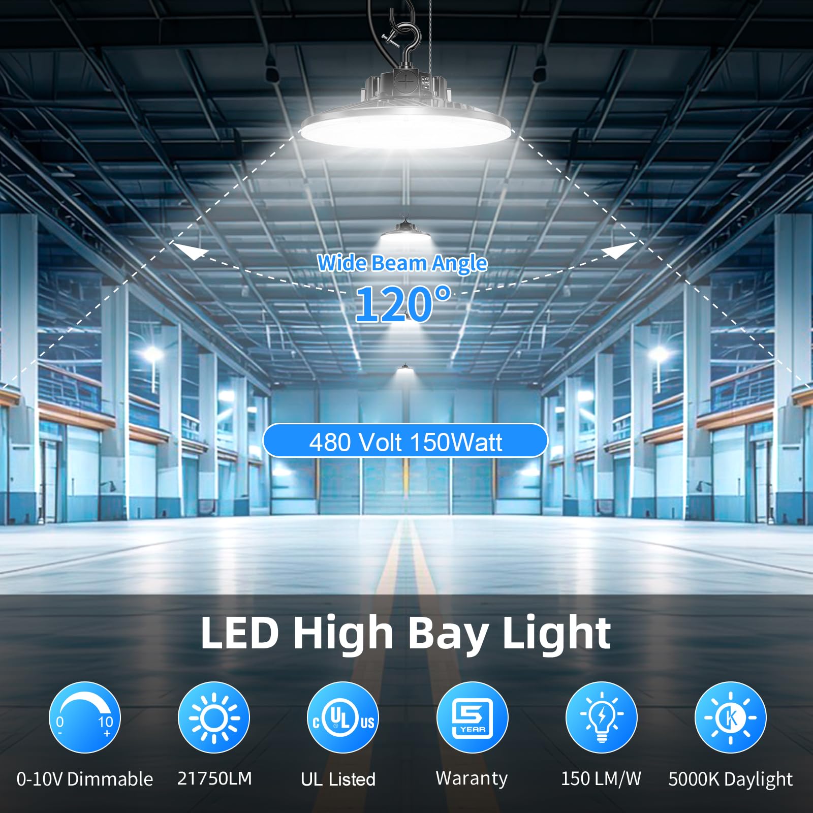 9 Pack 480V UFO LED High Bay Light 150W 100W 80W Adjustable UFO Lights 150 LM/W UL/DLC Listed Dimmable High Bay LED Light 5000K Daylight IP65 Waterproof Commercial Bay Lighting for Factory Warehouse