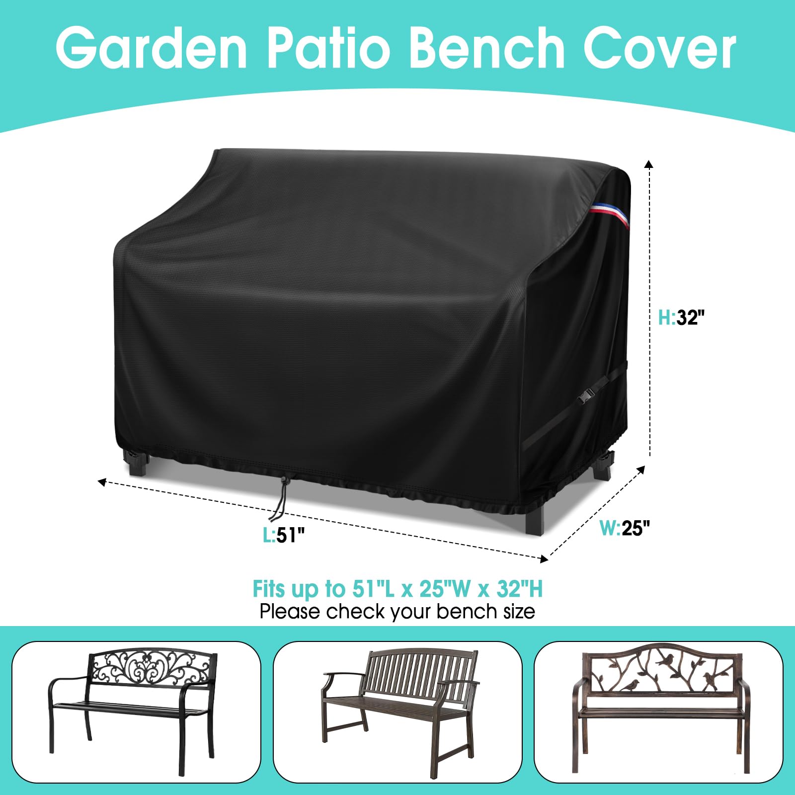 Augstone Patio Benches Cover for Outdoor Park Garden Benches with Backrest 2-Person Seater Chair Benches Waterproof Cover-51x25x32 in