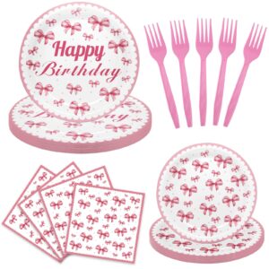 generic 100pcs pink bow birthday party decorations pink white bow bachelorette plates and napkins for girl coquett bridal engagement baby shower dinnerware party supplies serve 25 guests, large