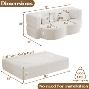 YiMiYom Full Size Folding Sofa Bed, Love Seat Sleeper Bed Floor Sofa Bed with 2 Pillows, Teddy Fabric Fold-Out Twin Sofa Cama & Bed Mattress for Living Room, Apartment, Guest Room, Beige