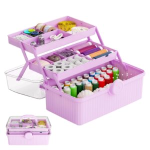 suoxing 13'' three-layer clear plastic storage box/tool box, multipurpose organizer and portable handled storage case for art craft and cosmetic (purple)